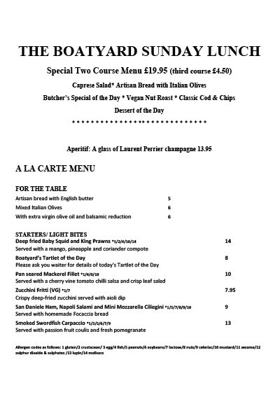 Boatyard Menu | The Boatyard